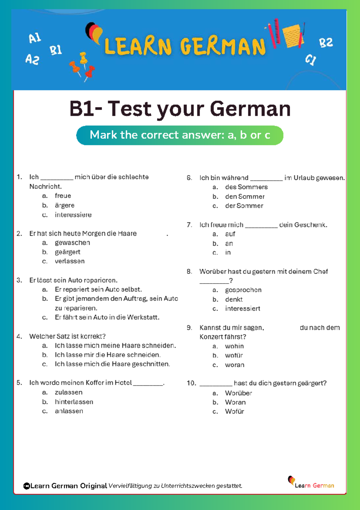 B1 - German Language Test: Multiple Choice Questions - Studocu