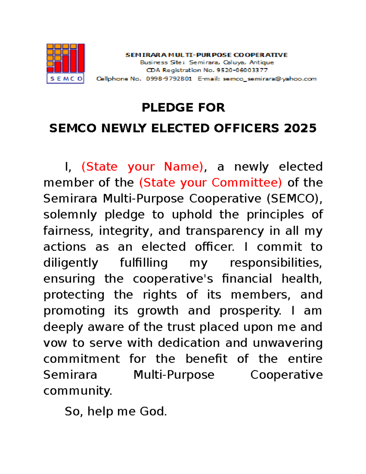 Pledge FOR - Pleadge for - PLEDGE FOR SEMCO NEWLY ELECTED OFFICERS 2025 ...