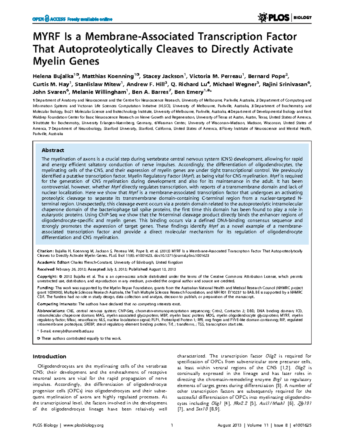 Myrf: A Membrane-Associated Transcription Factor in CNS Myelination ...