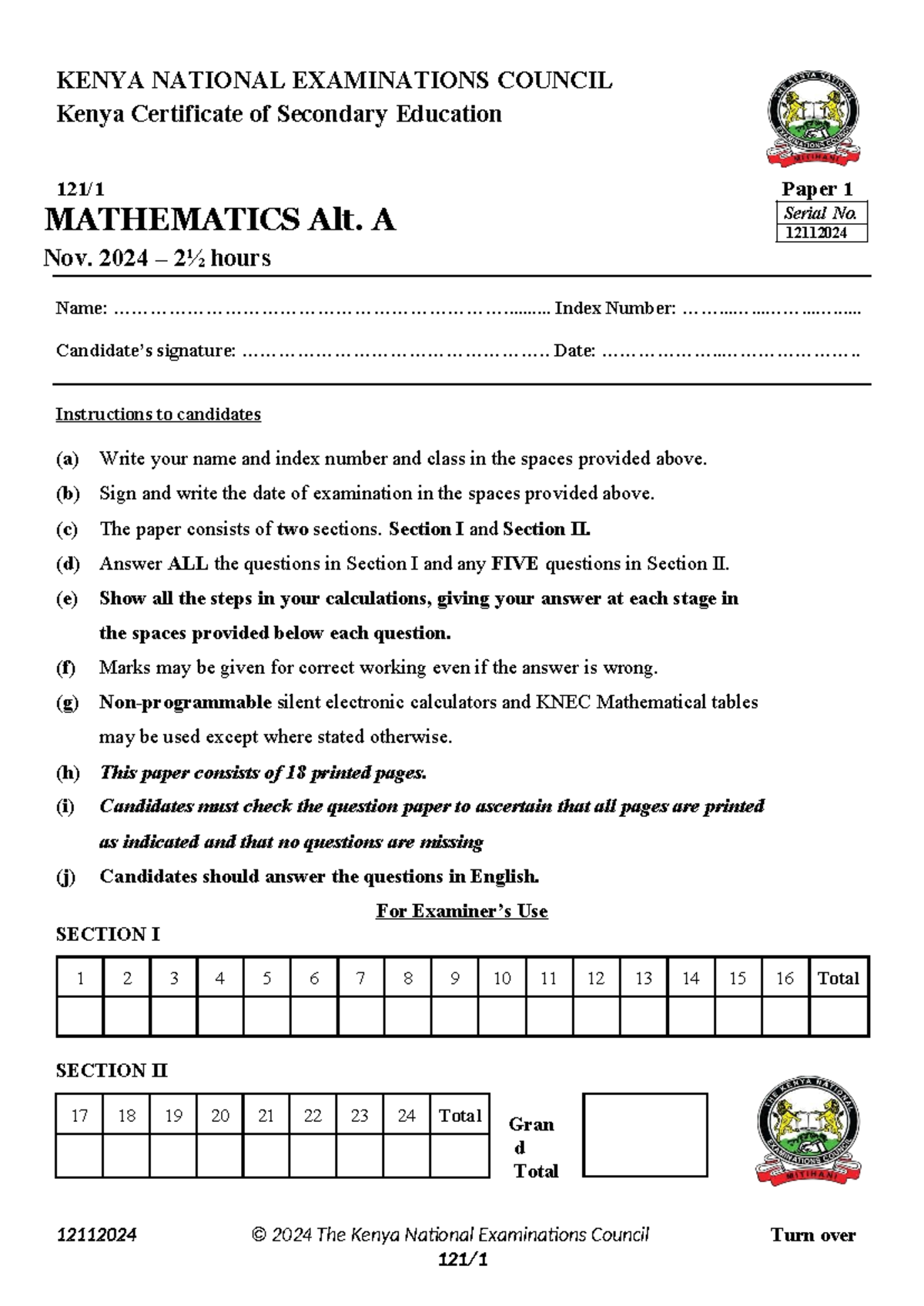 2024-KCSE-Mathematics-Paper-1-Exam-Guide - Studocu