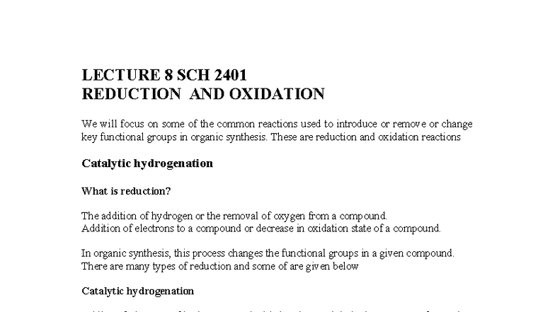 LECTURE 8 & 9 SCH 2401 - REDUCTION AND OXIDATION REACTIONS - Studocu
