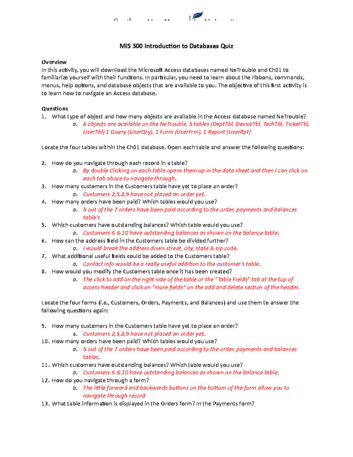 1-2 Database Activity - MIS 300 Introduction to Databases Quiz Overview In this activity, you ...