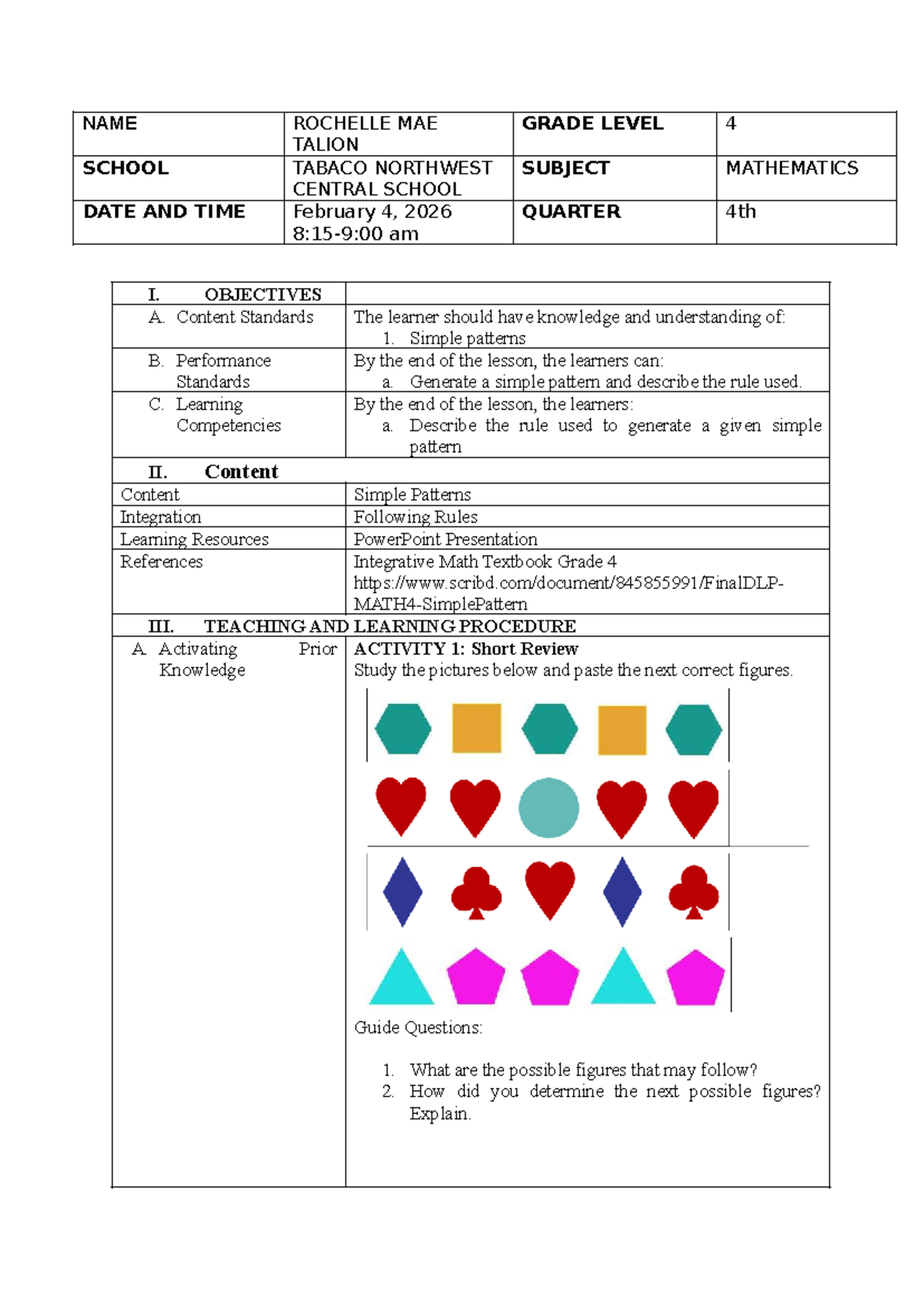 MATH 4 Lesson Plan: Simple Patterns and Rules - Studocu