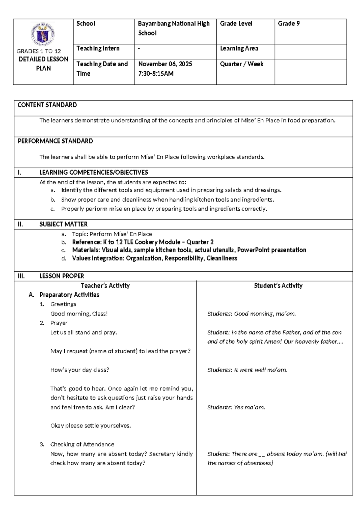 GRADES 9 TLE COOKERY DETAILED LESSON PLAN: EN PLACE PREPARATION - Studocu