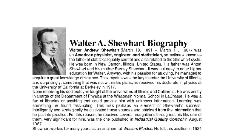 Walter A. Shewhart: Biography & Contributions to Quality Control - Studocu
