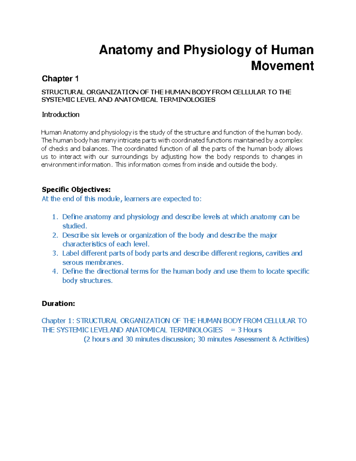 Module 1: Intro to Human Anatomy & Physiology - Structural Org. - Studocu