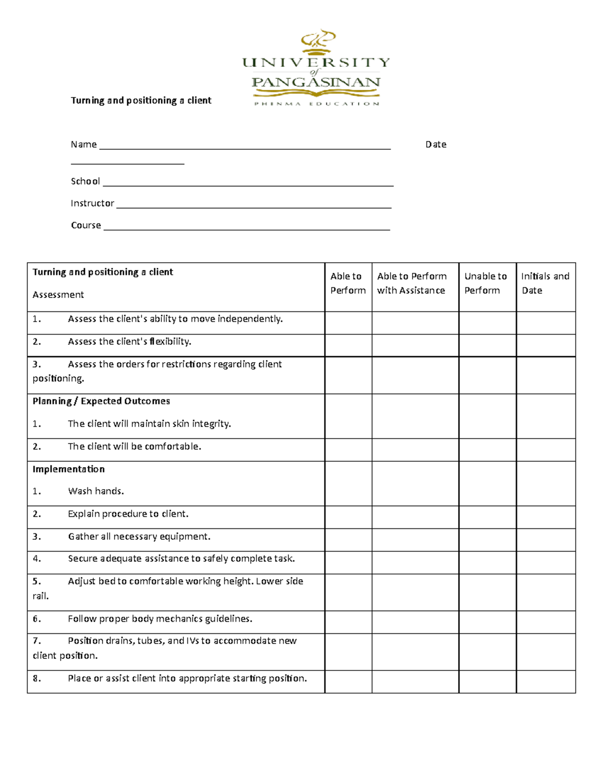 Turning and Positioning a Client: Assessment and Implementation Guide ...
