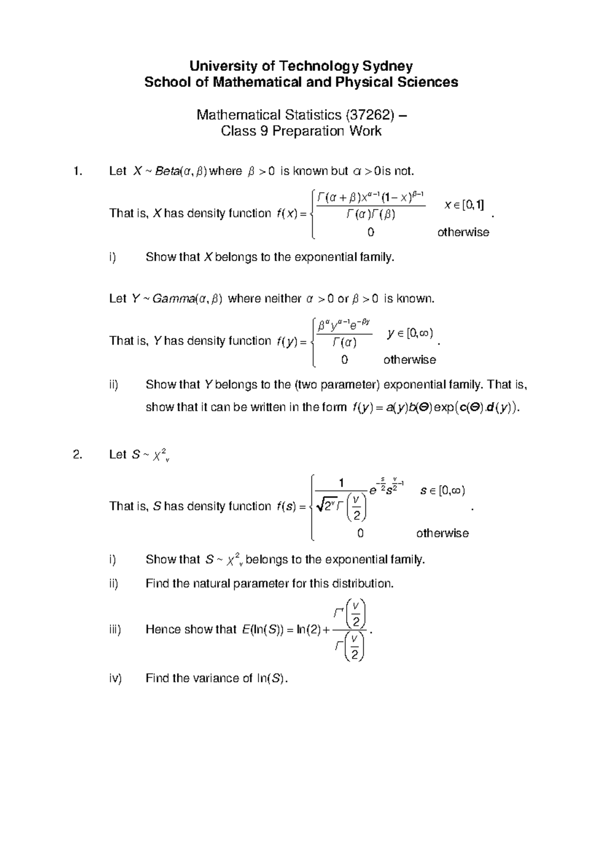 37262 Mathematical Statistics Class 9 Exam Prep Notes - Studocu