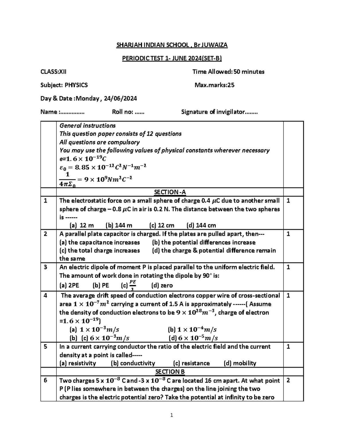 XII- Physics - Periodic Test 1 - Question Paper - Studocu