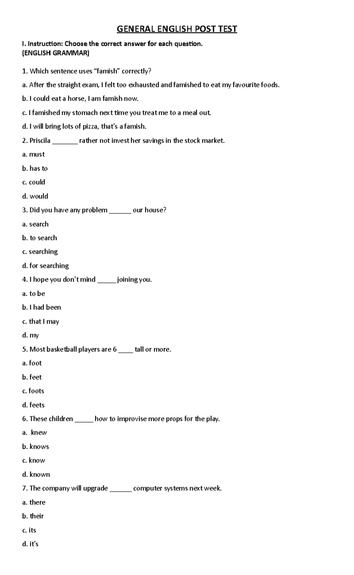 Final General English POST TEST (150 Items) - Studocu