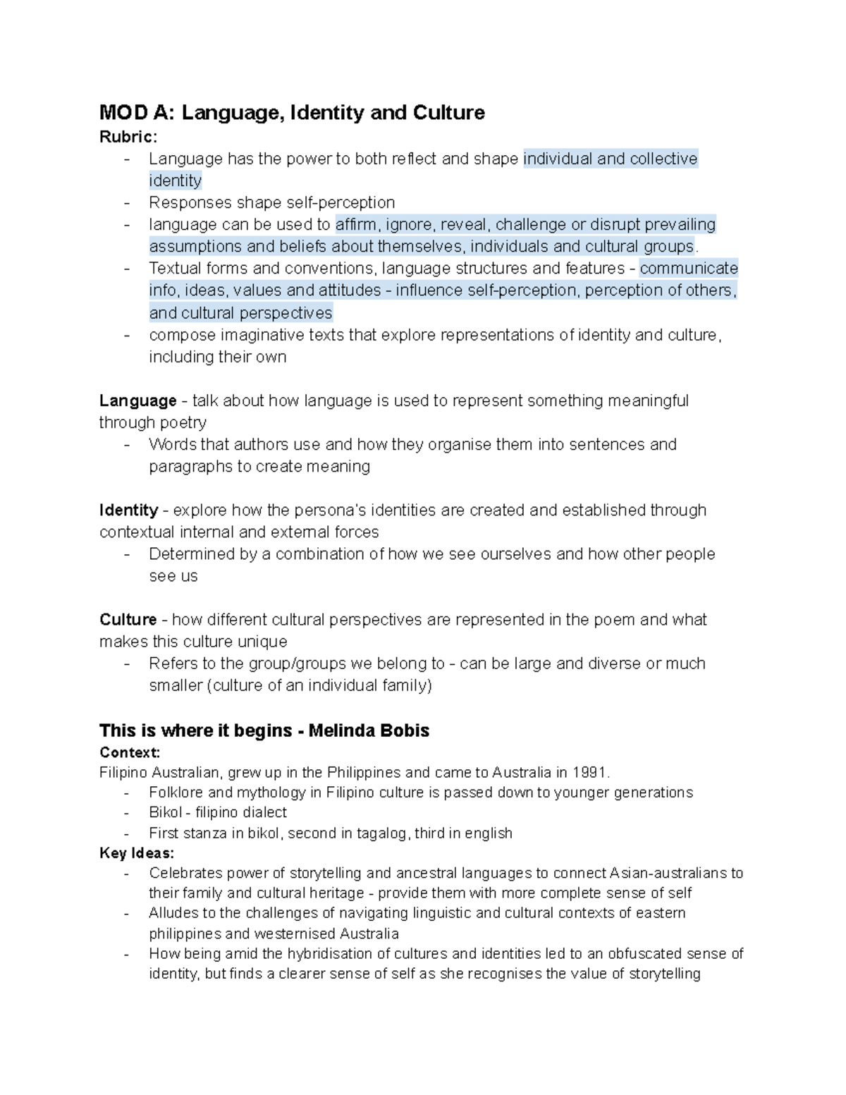 MOD A: Contemporary Asian Australian Poetry Notes and Analysis - Studocu