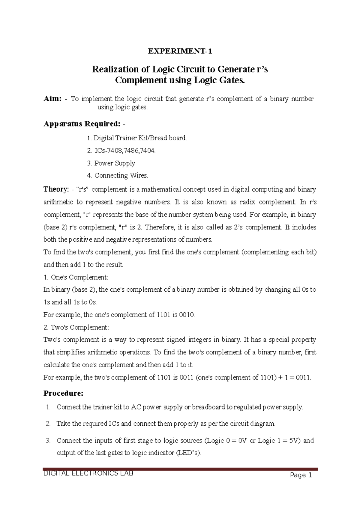 DE Lab 1: Logic Circuit for r's Complement Generation - Studocu