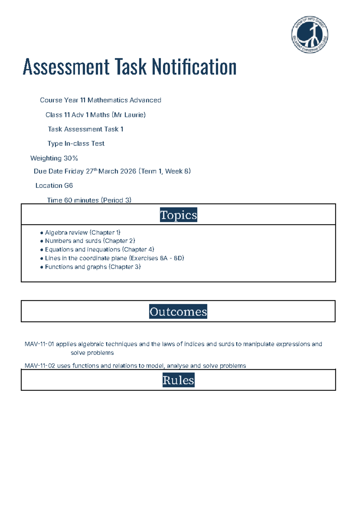 Year 11 Maths Advanced In-class Test Notification - Studocu