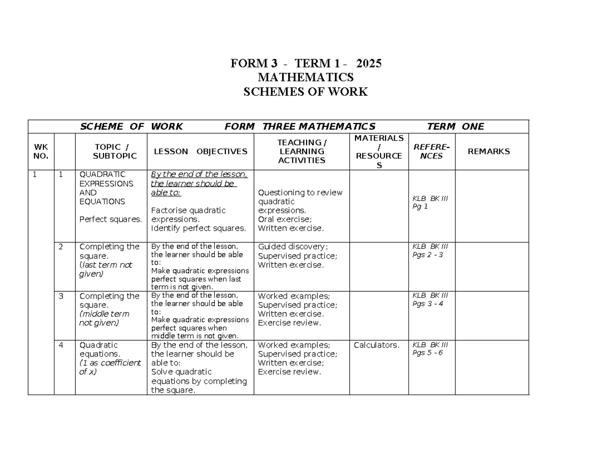 FORM 3 MATHEMATICS TERM 1 SCHEME OF WORK 2025 - Studocu