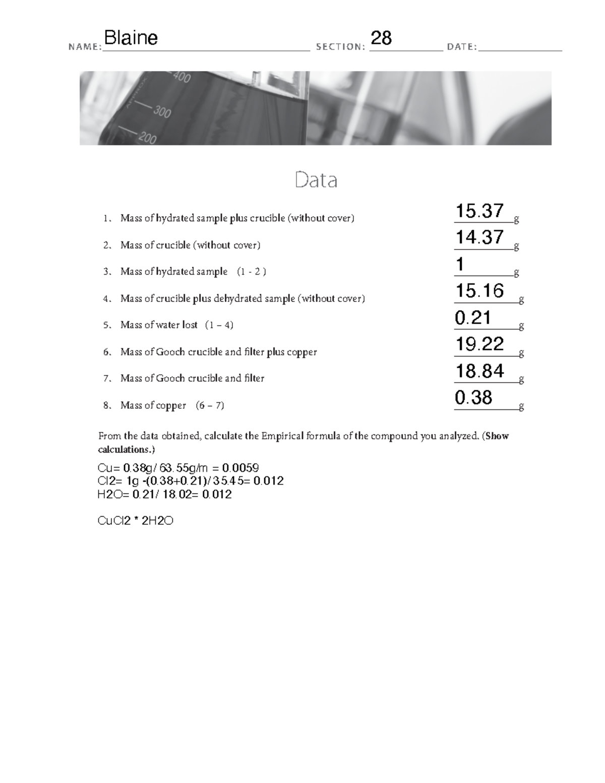 Chemical Analysis Lab: Determining Empirical Formula of Compounds - Studocu