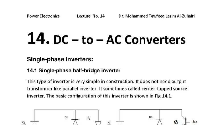 Power Electronics PE 14: DC to AC Inverters Overview and Control - Studocu