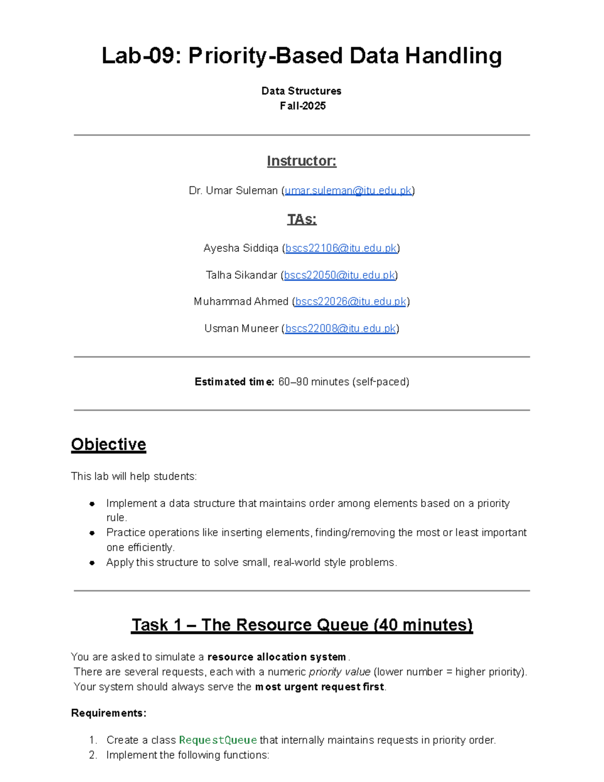Data Structures - Lab-09: Priority-Based Data Handling (Bscs22012 ...