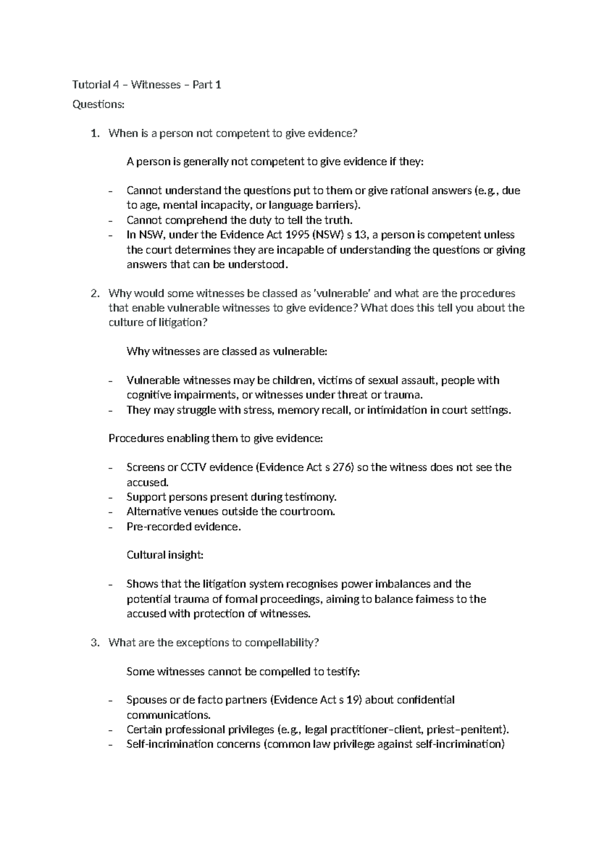 Tutorial 4: Witness Competence and Vulnerability in Evidence Law - Studocu