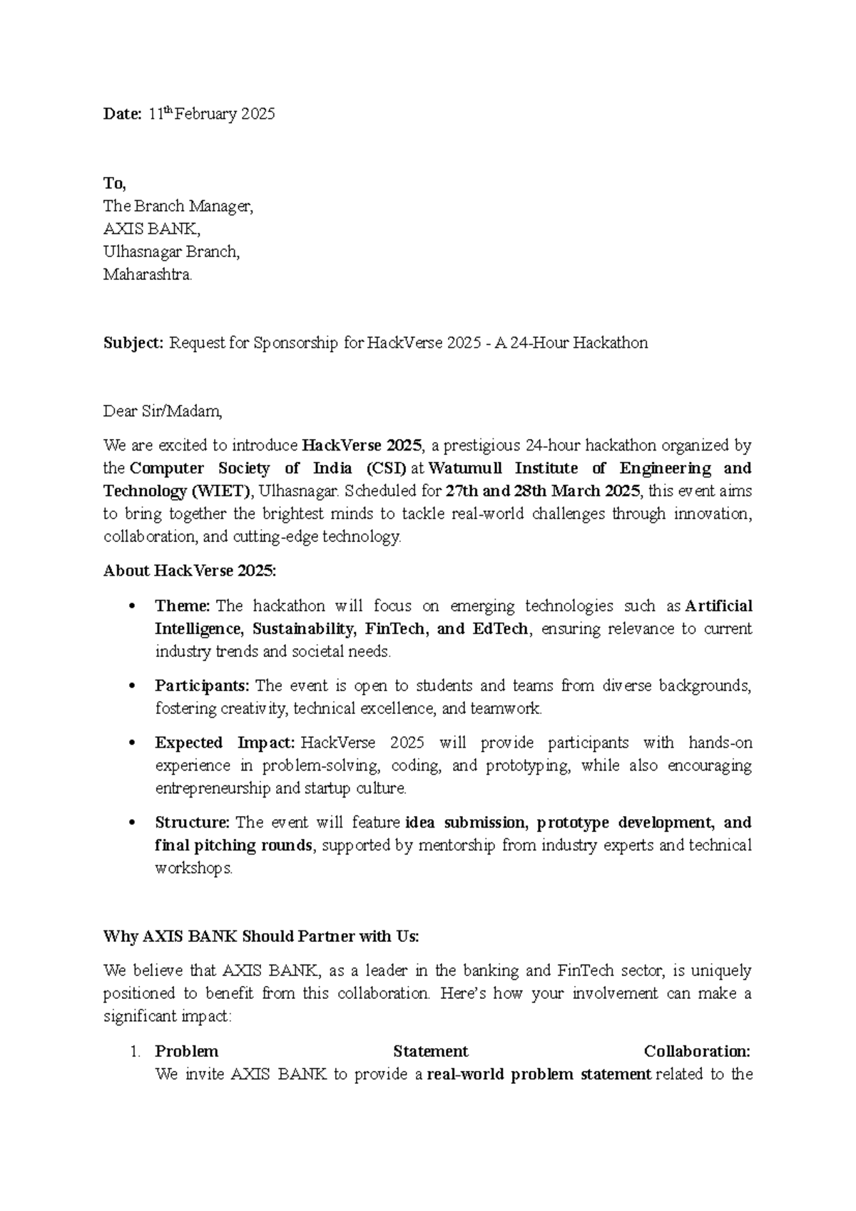 Request for AXIS BANK Sponsorship for HackVerse 2025 Hackathon - Studocu