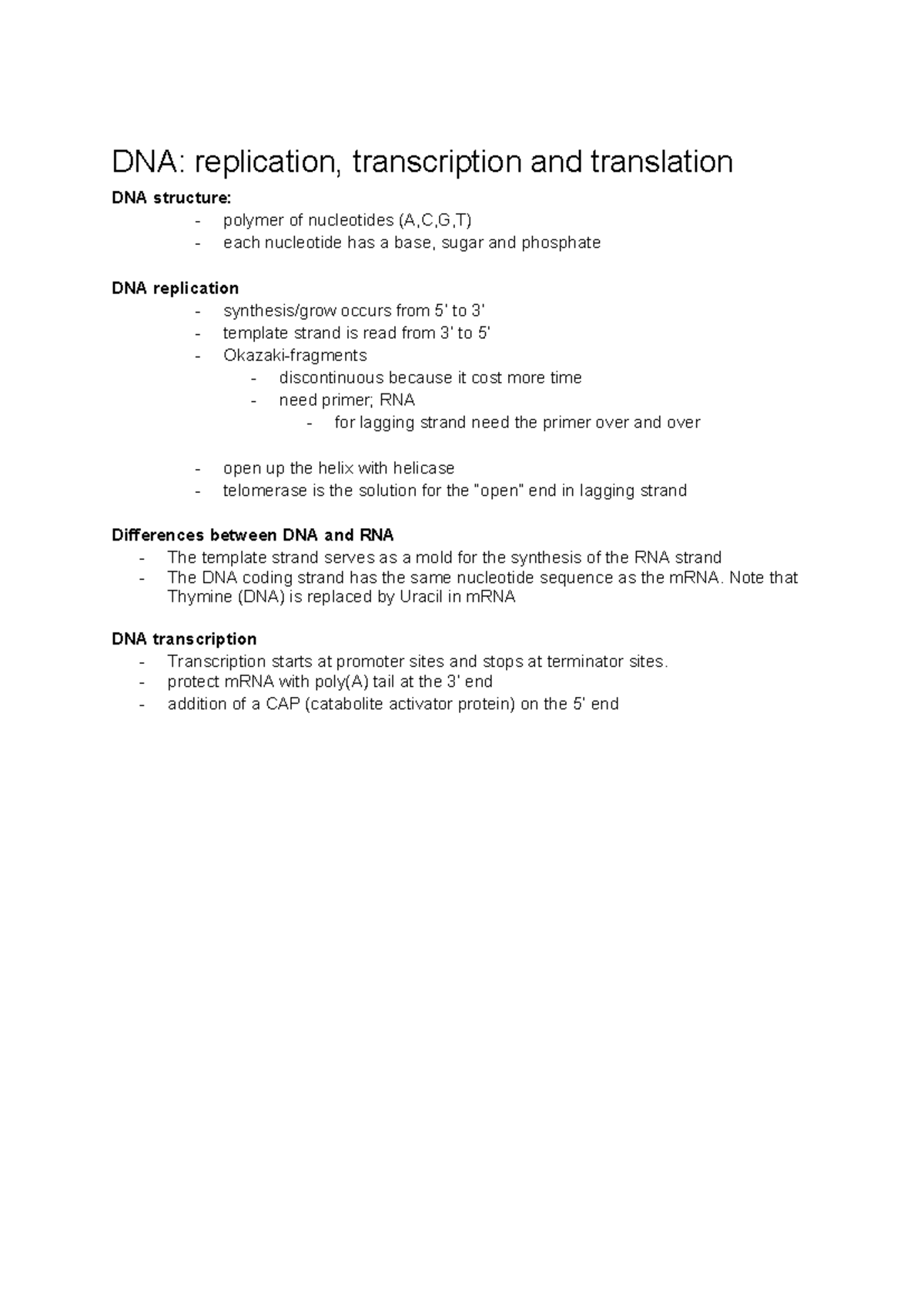 Week 2 Lecture: DNA Replication, Transcription & Translation - Studeersnel