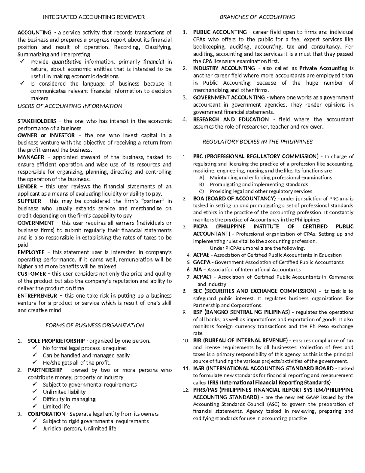 Integrated Accounting Reviewer: Branches, Users, and Principles - Studocu