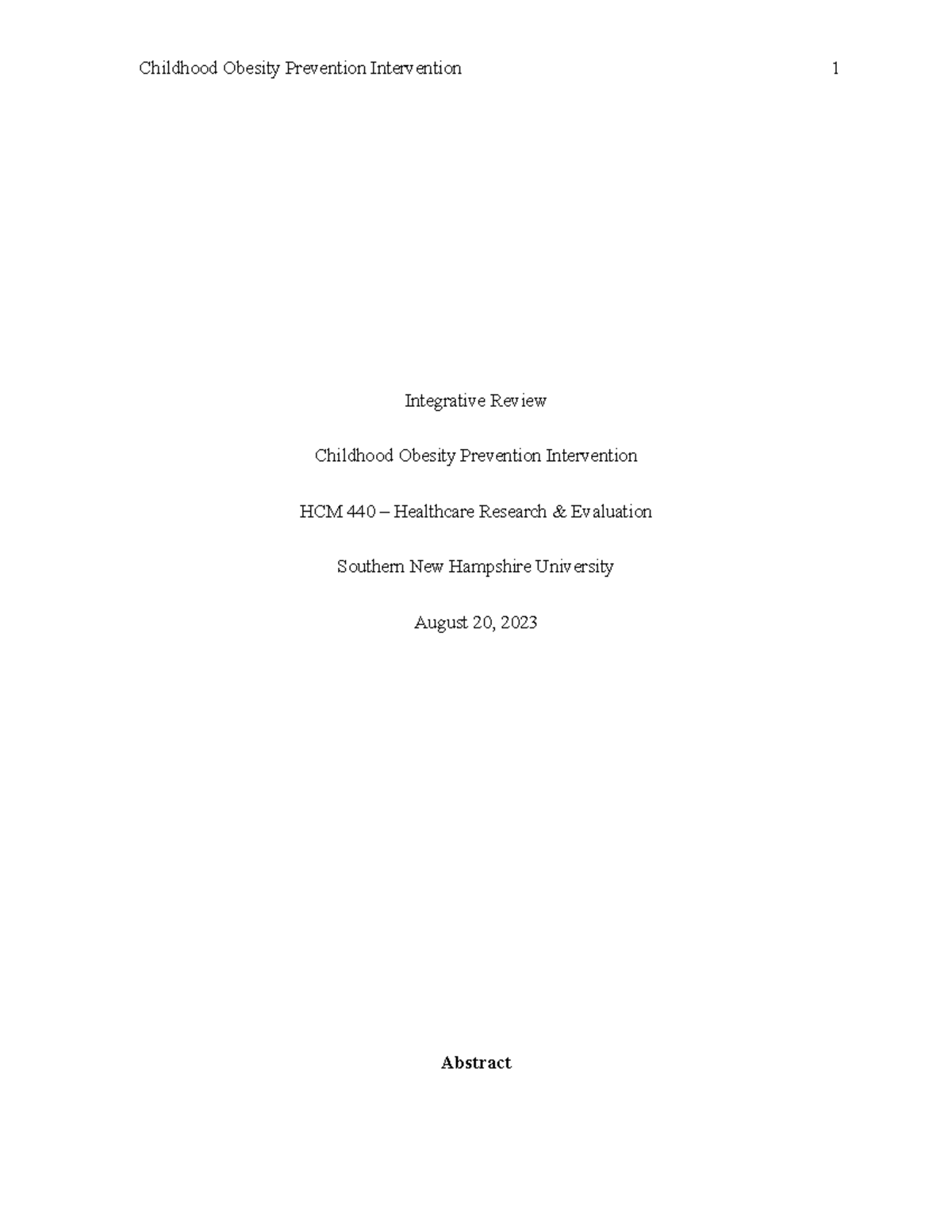 HCM 440 Final Project: Integrative Review on Childhood Obesity ...
