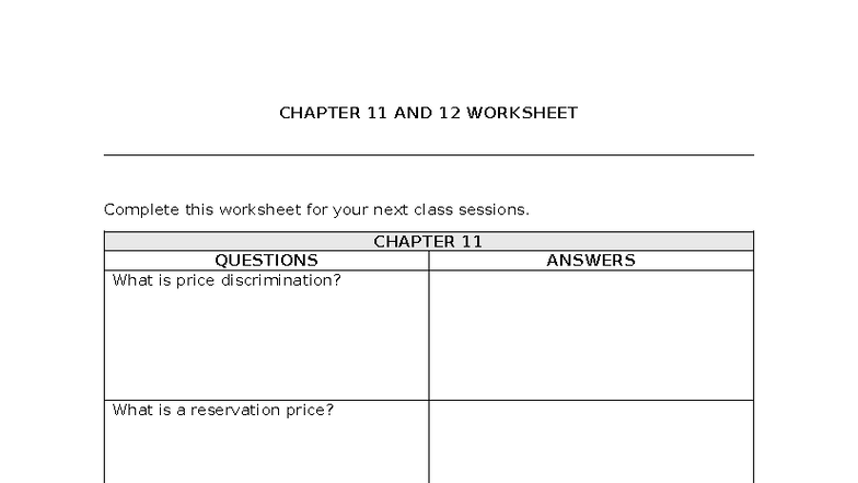 CHAPTER 11 & 12 WORKSHEET: Price Discrimination Explained - Studocu
