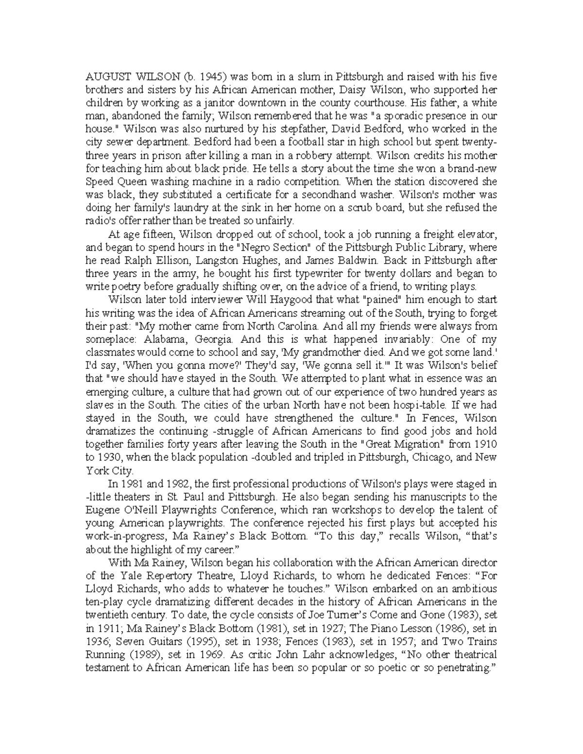 AUGUST WILSON - Fences Lecture Notes on Character and Themes - Studocu