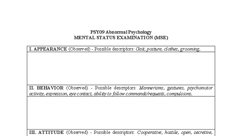 MSE-APA - MSE - PSY09 Abnormal Psychology MENTAL STATUS EXAMINATION ...