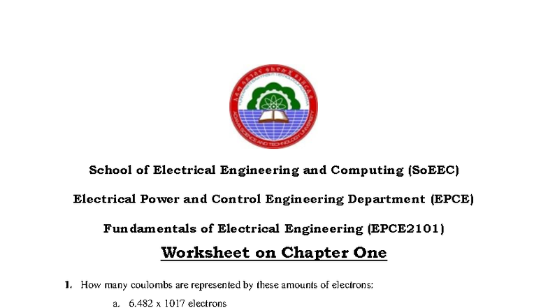 EPCE2101 - Worksheet on Chapter One: Electrical Engineering Basics ...