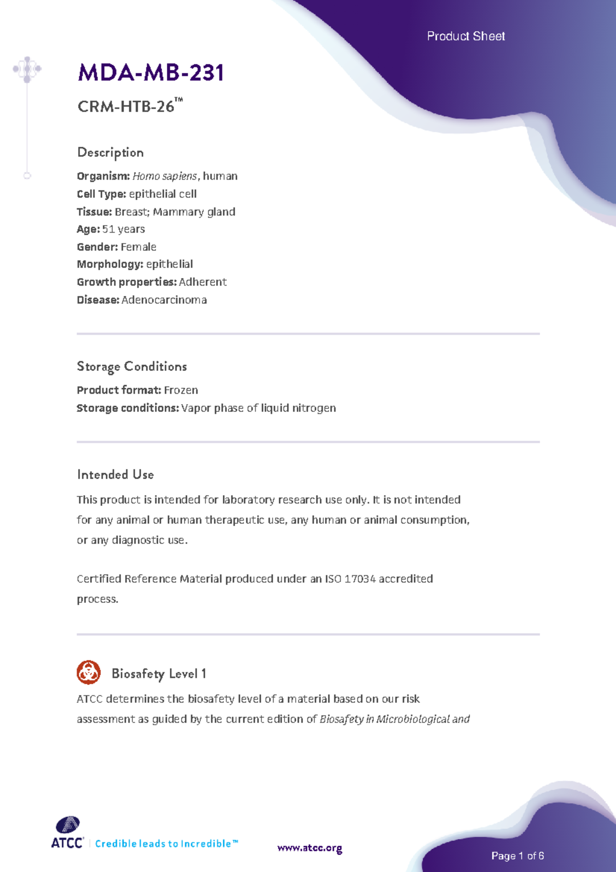 CRM-HTB-26 Product Sheet for MDA-MB-231: Research Guidelines & Storage ...