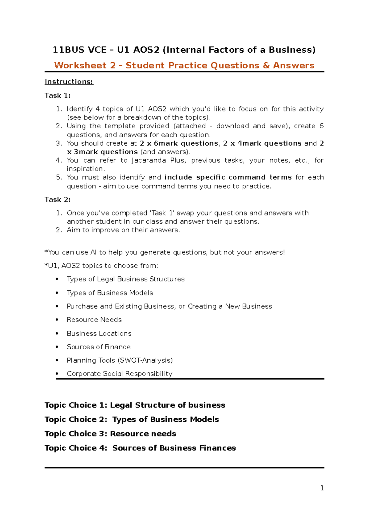 11BUS VCE U1 AOS2 Internal Factors Worksheet 2 Practice Q&A - Studocu