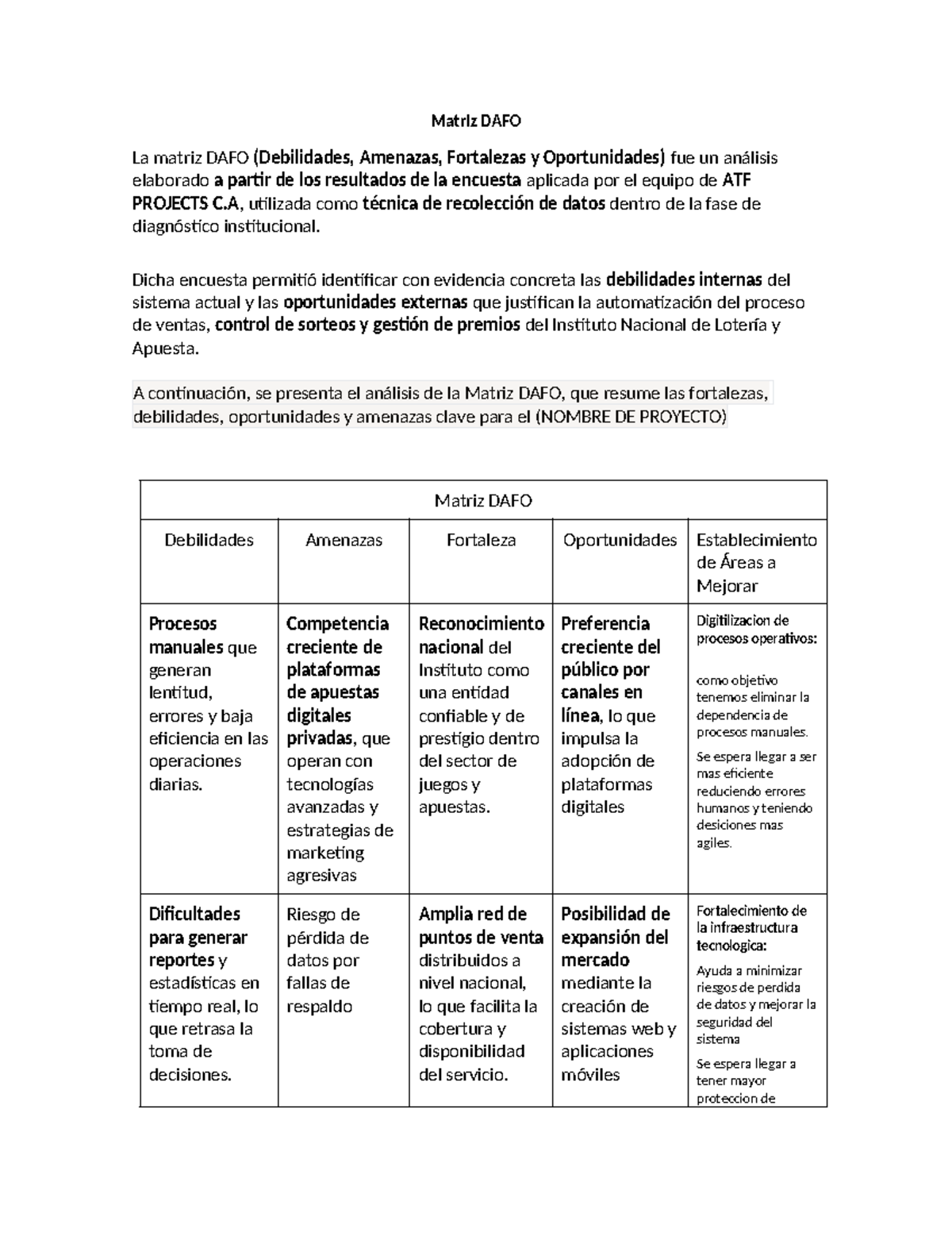 Matriz DAFO 2: Análisis de Oportunidades y Amenazas en ATF PROJECTS C.A - Studocu