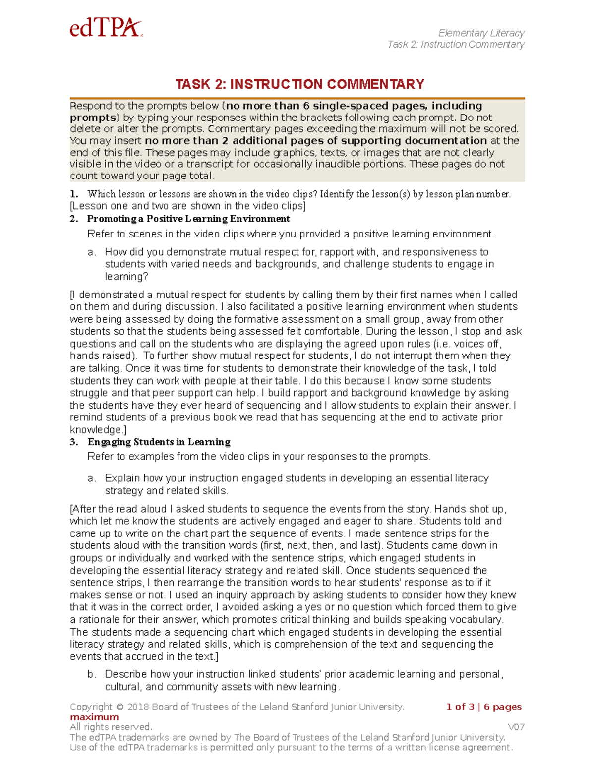 Task2Commentary - edtpa - Elementary Literacy Task 2: Instruction ...