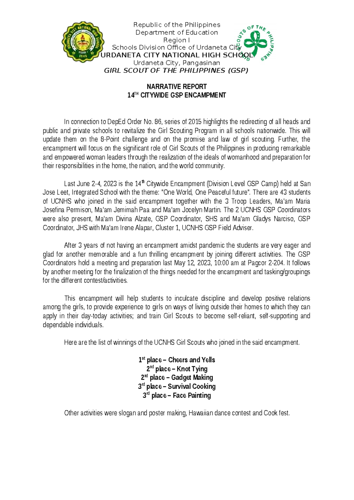 Narrative Report: 14th Citywide GSP Encampment 2023 - Studocu