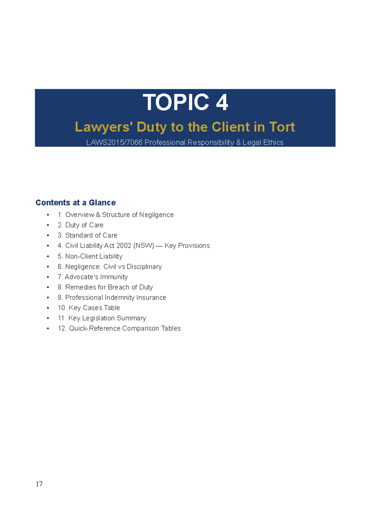 PRLE Topic 4: Duty to the Client in Tort & Legal Ethics Overview - Studocu