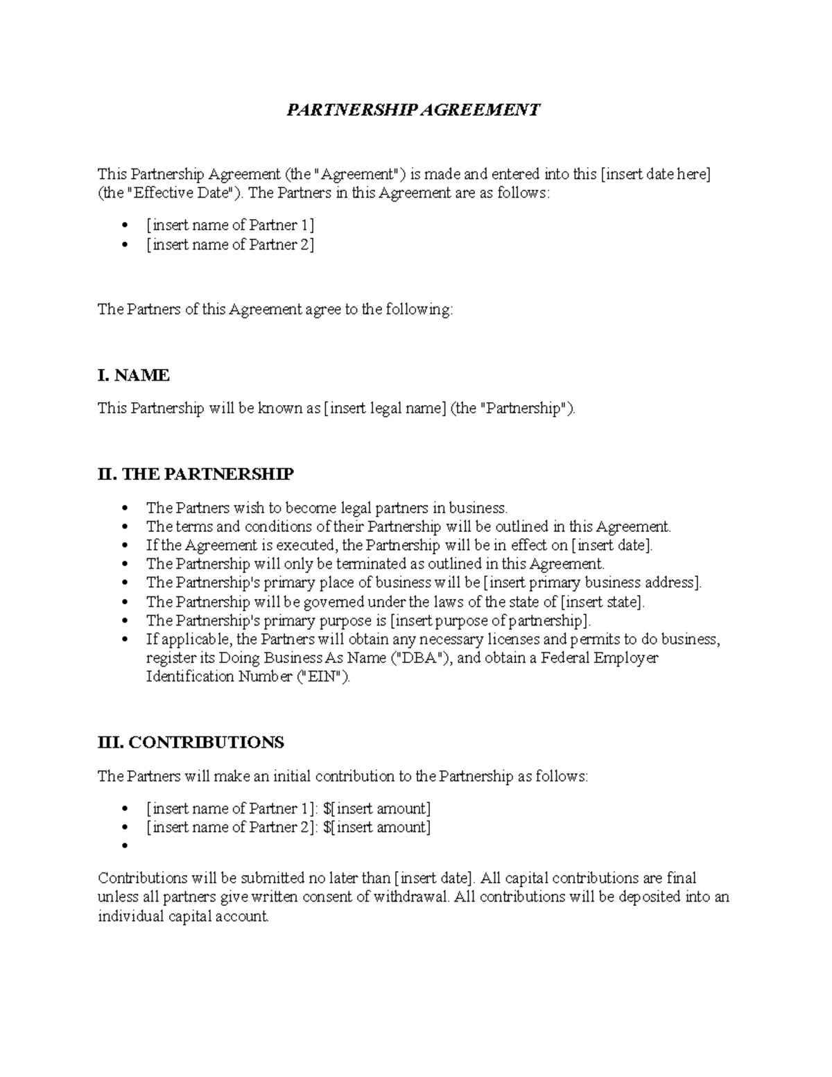 Partnership Agreement Document: Key Components and Structure - Studocu