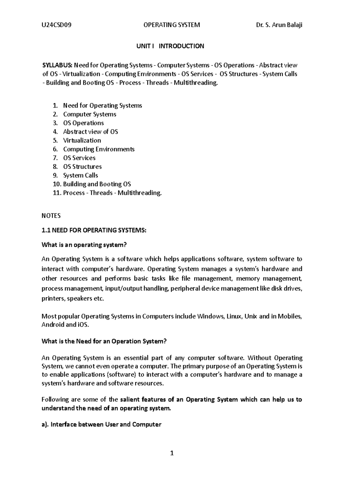 U24CSD09 Operating System: Unit I Introduction and Key Concepts - Studocu