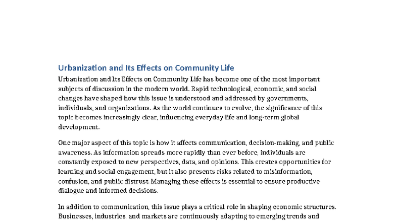 Urbanization and Its Impact on Community Life: A Comprehensive Study ...