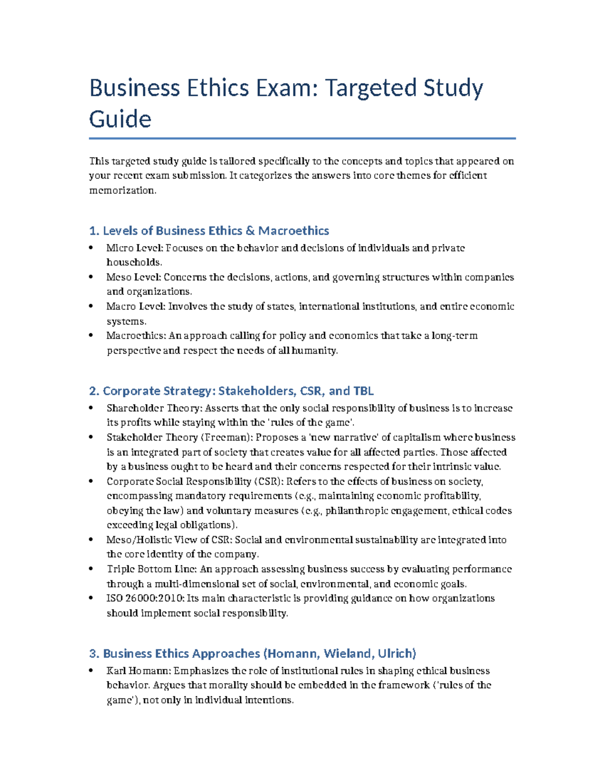 Targeted Study Guide for Business Ethics Exam (BUS 101) - Studocu