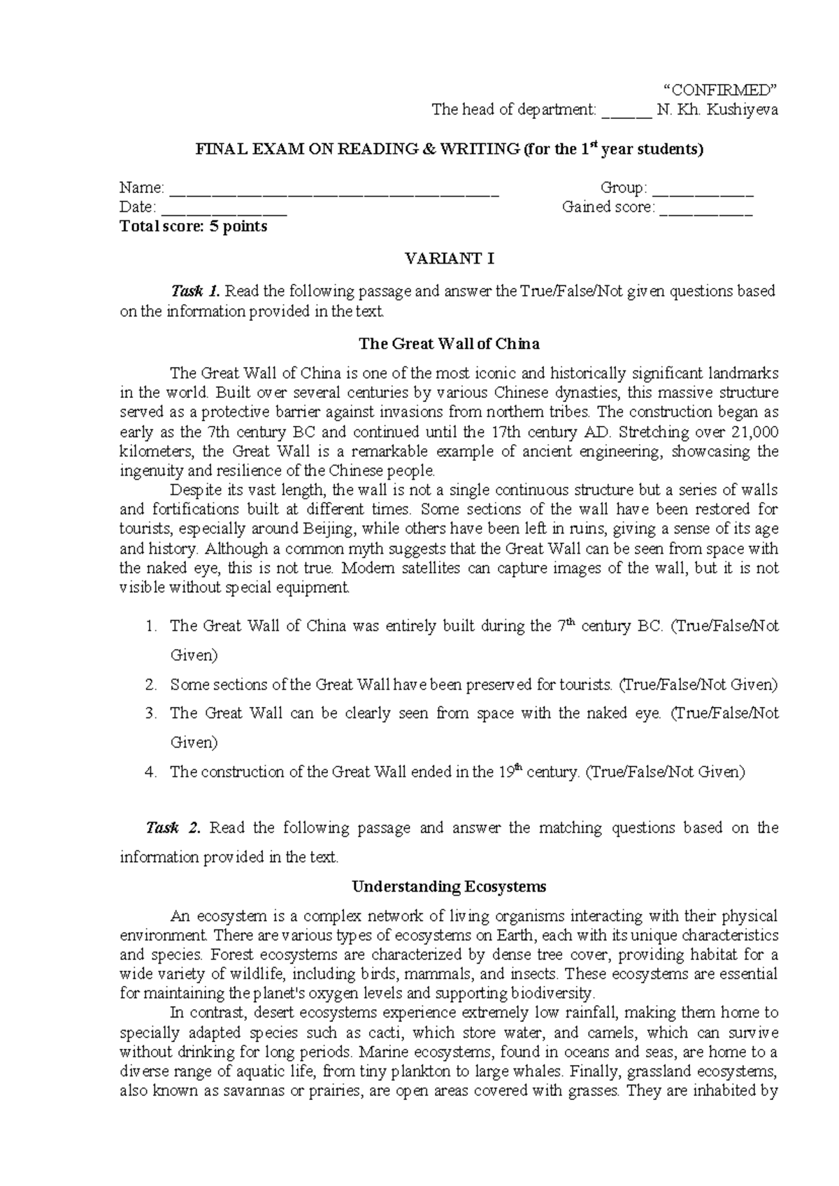 Reading & Writing Final Exam (1st Year) - Sample Questions - Studocu