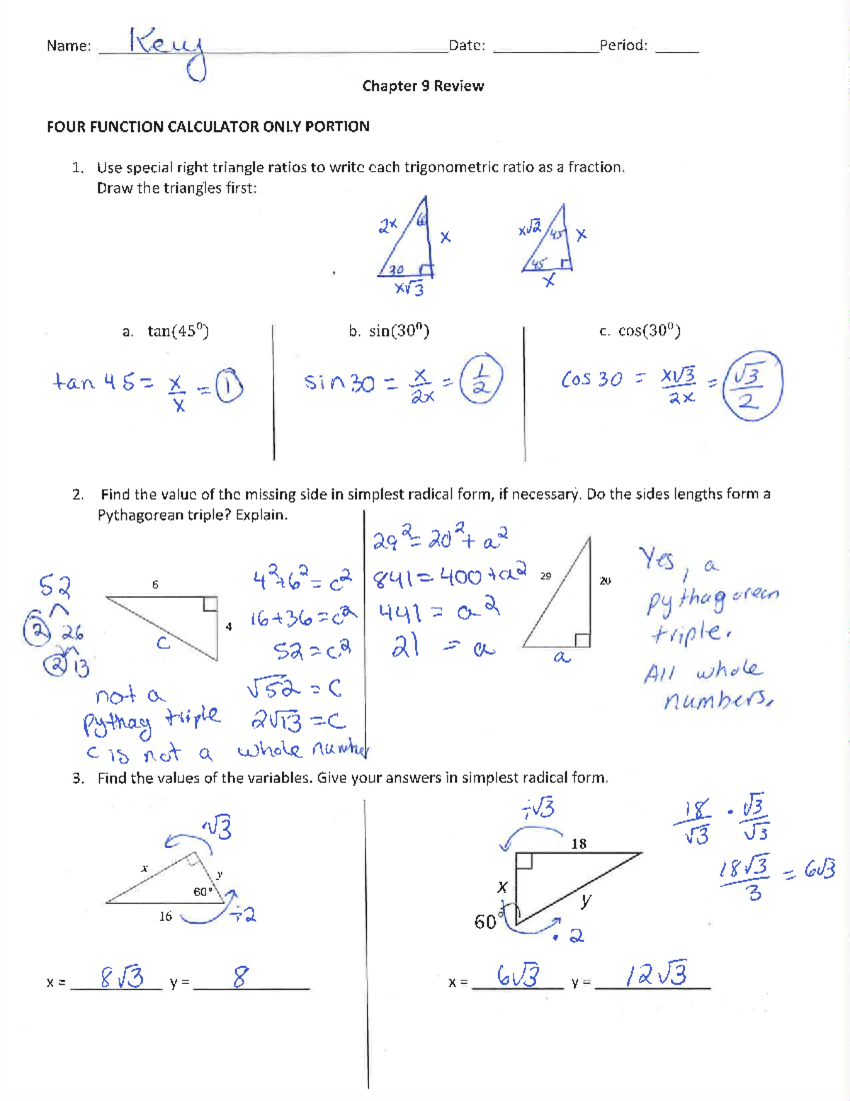 Chapter 9 Geo Review Key 2020: Trigonometry & Calculator Problems - Studocu