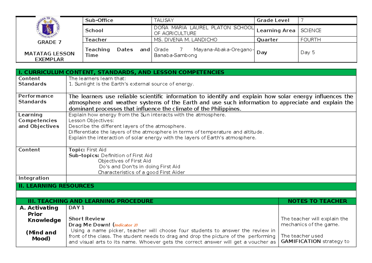 Grade 7 Science Lesson Exemplar: Understanding the Atmosphere and First ...