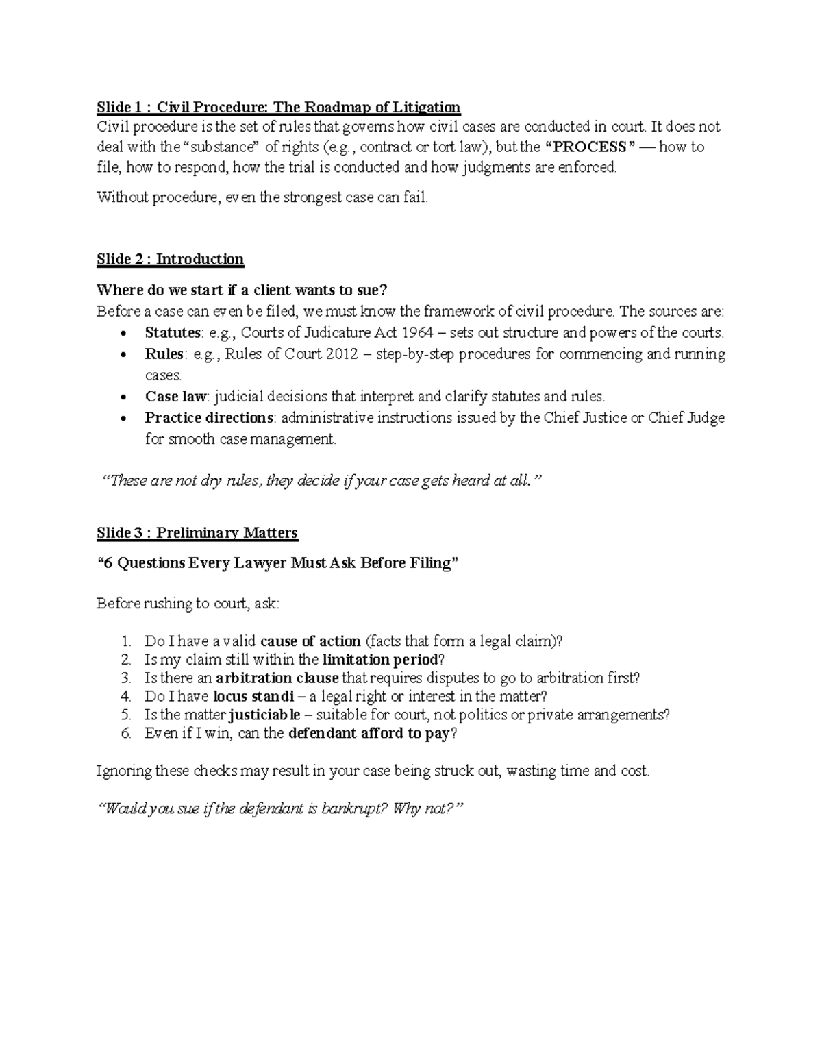 Civil Procedure (CP) Presentation: A Roadmap to Litigation - Studocu