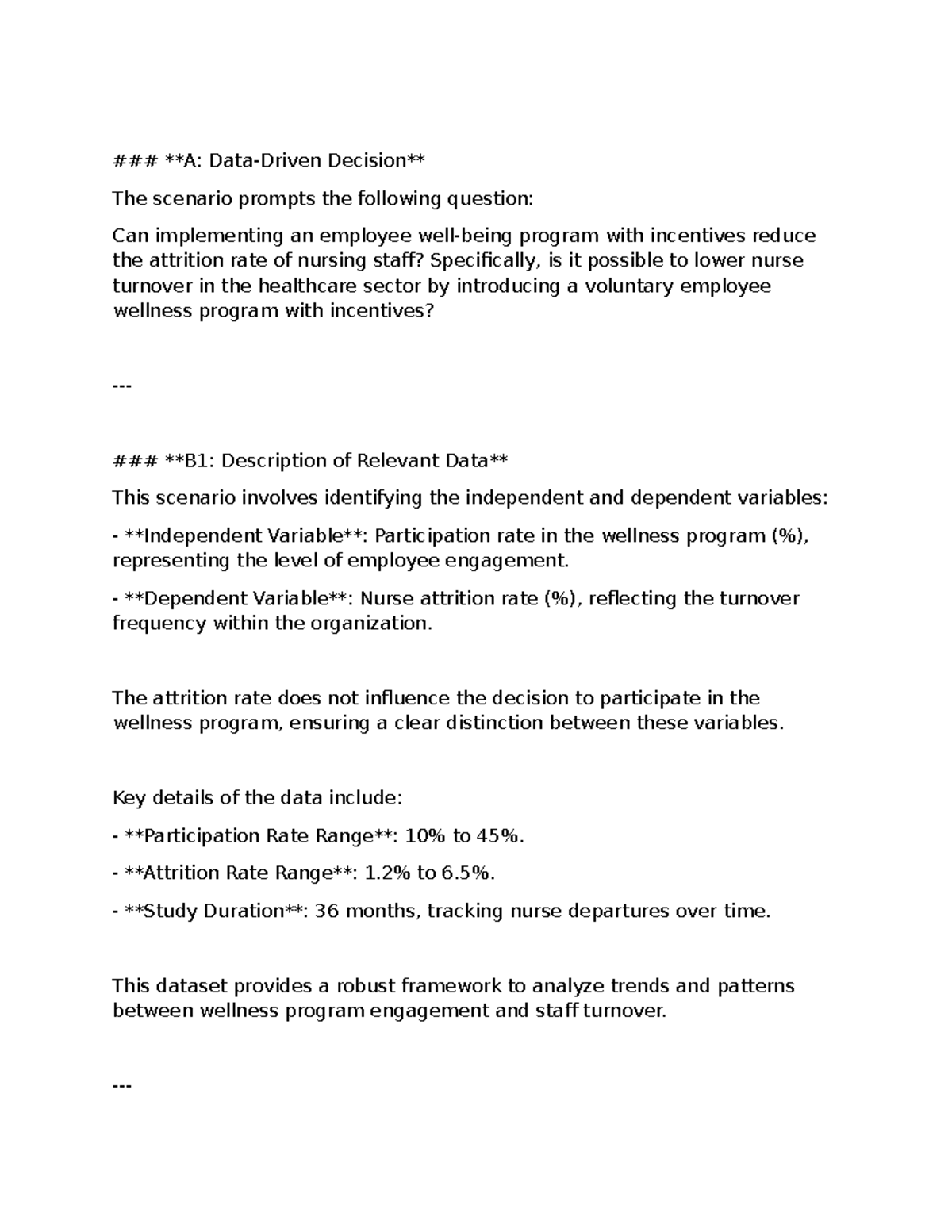 WGU 207 Task 1 PA: Analyzing Wellness Programs' Impact on Nurse ...