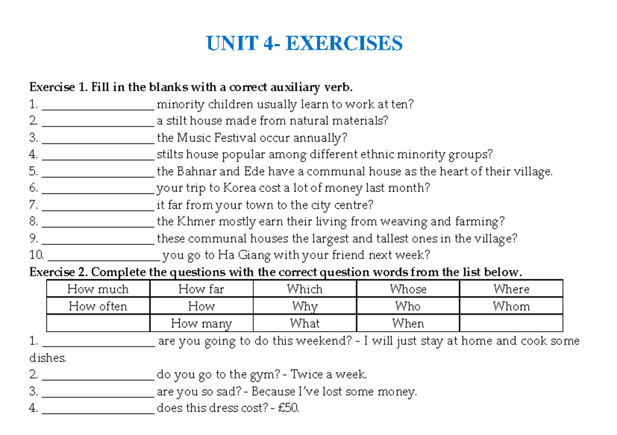 UNIT 4 Exercises - Auxiliary Verbs and Question Words - Studocu