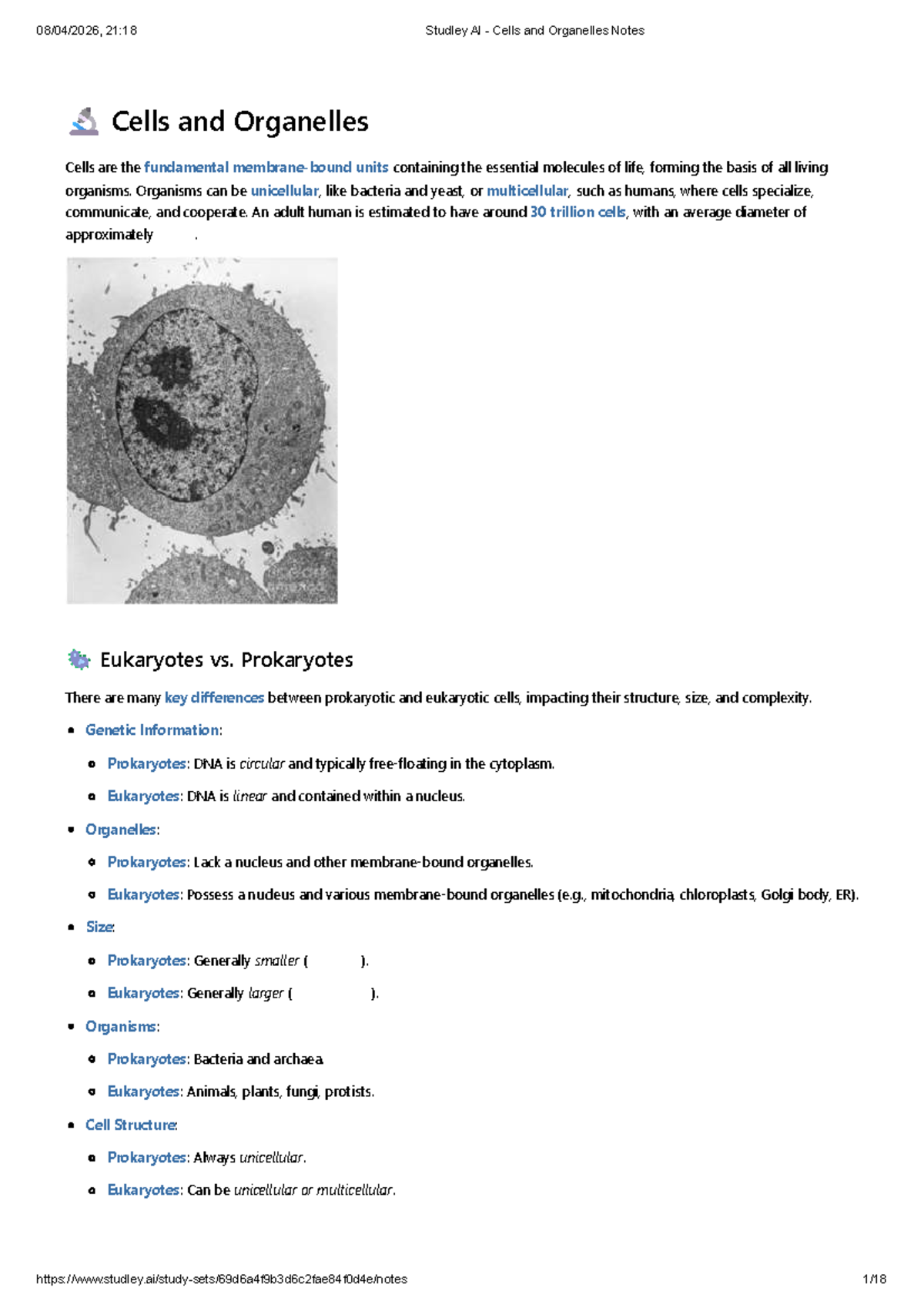 Cells and Organelles Study Guide - 21:18 Studley AI Notes - Studocu