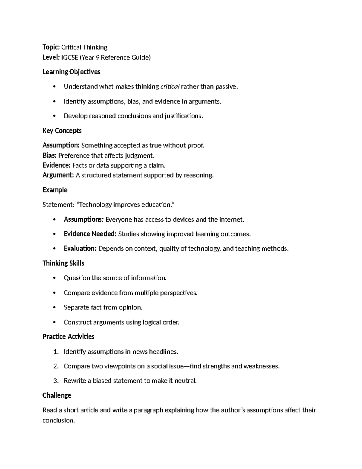 LR-9 Critical Thinking Reference Guide for IGCSE Year 9 - Studocu
