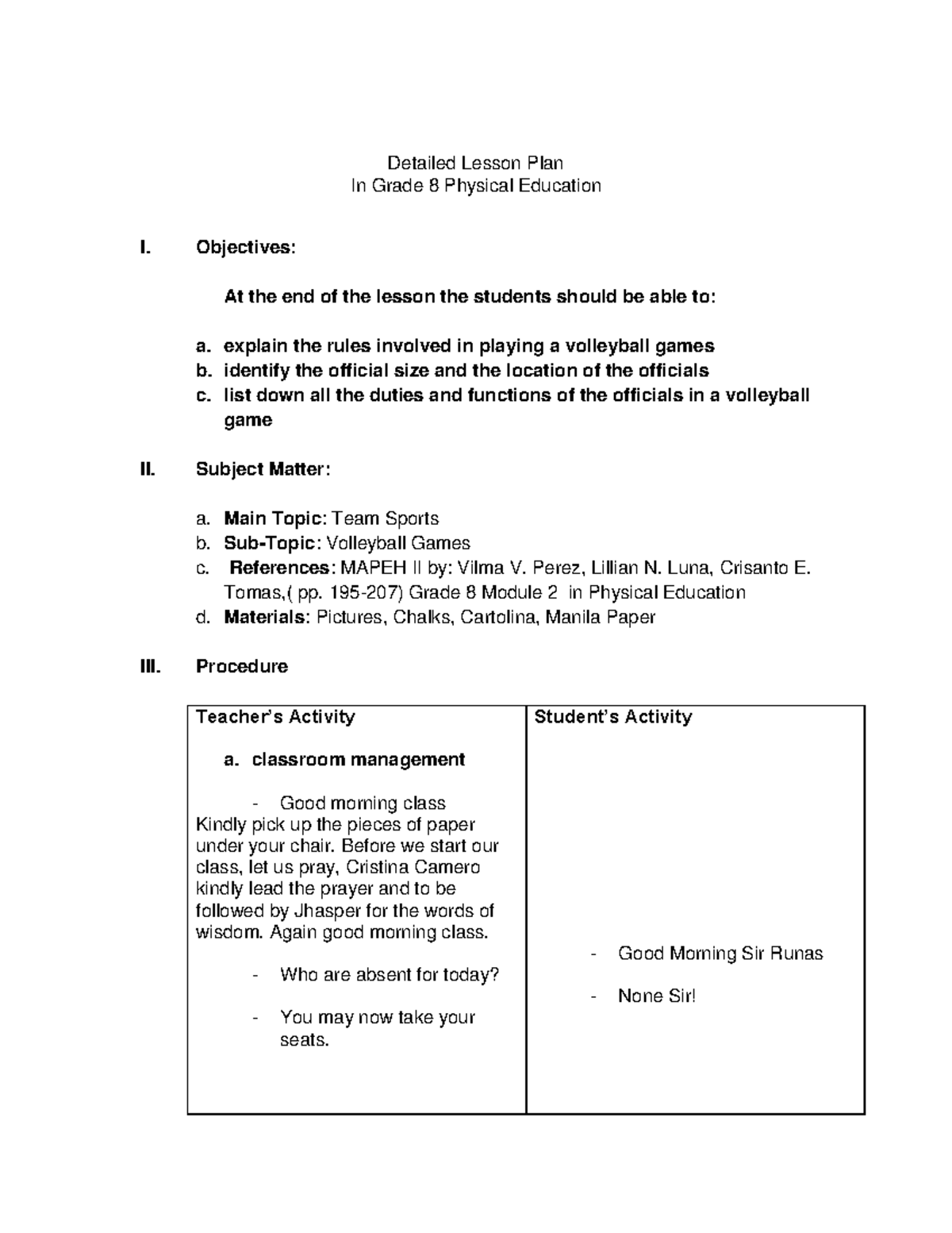 Grade 8 P.E. Detailed Lesson Plan: Volleyball Rules & Officiating - Studocu