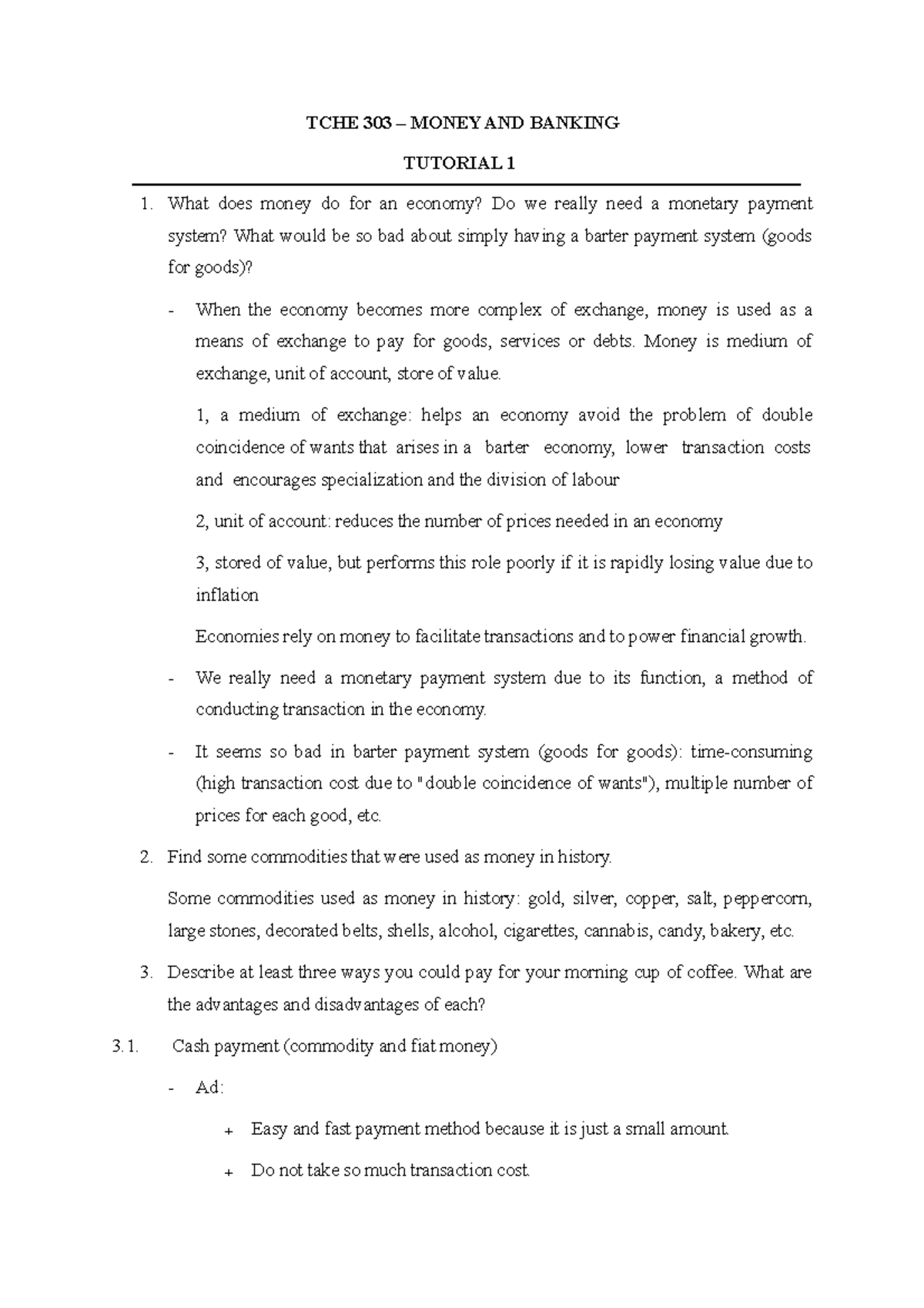 TCHE+303+-+Tutorial+1 - TCHE 303 – MONEY AND BANKING TUTORIAL 1 What ...